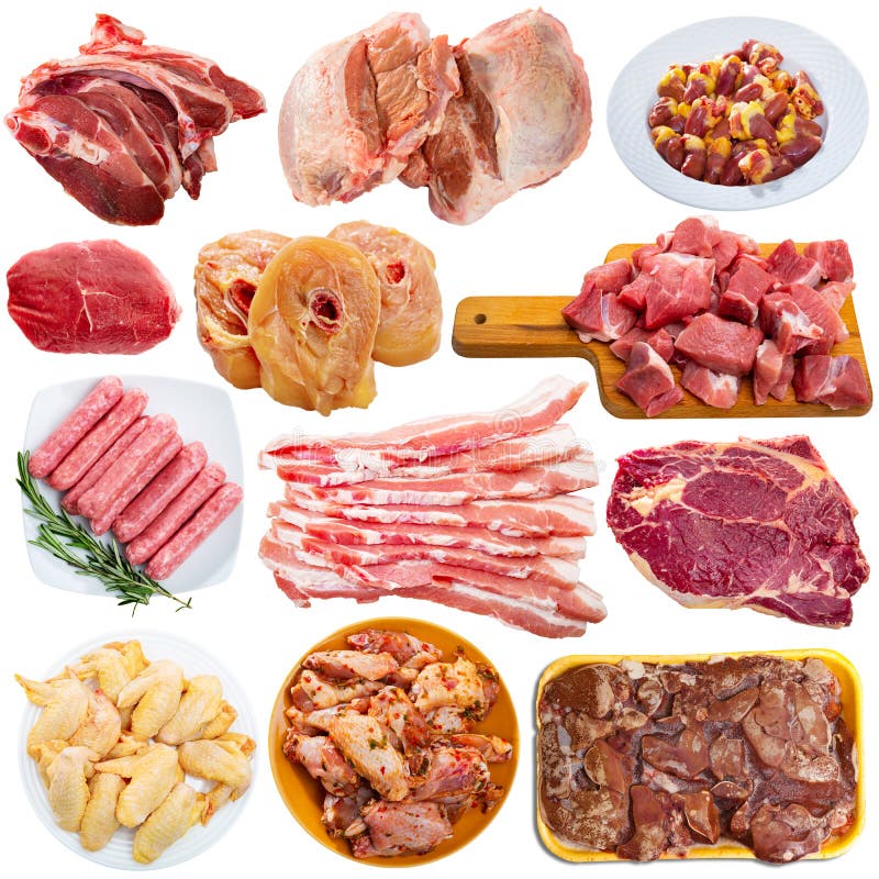 Various Raw Meat Products Isolated on White Background Stock Image ...