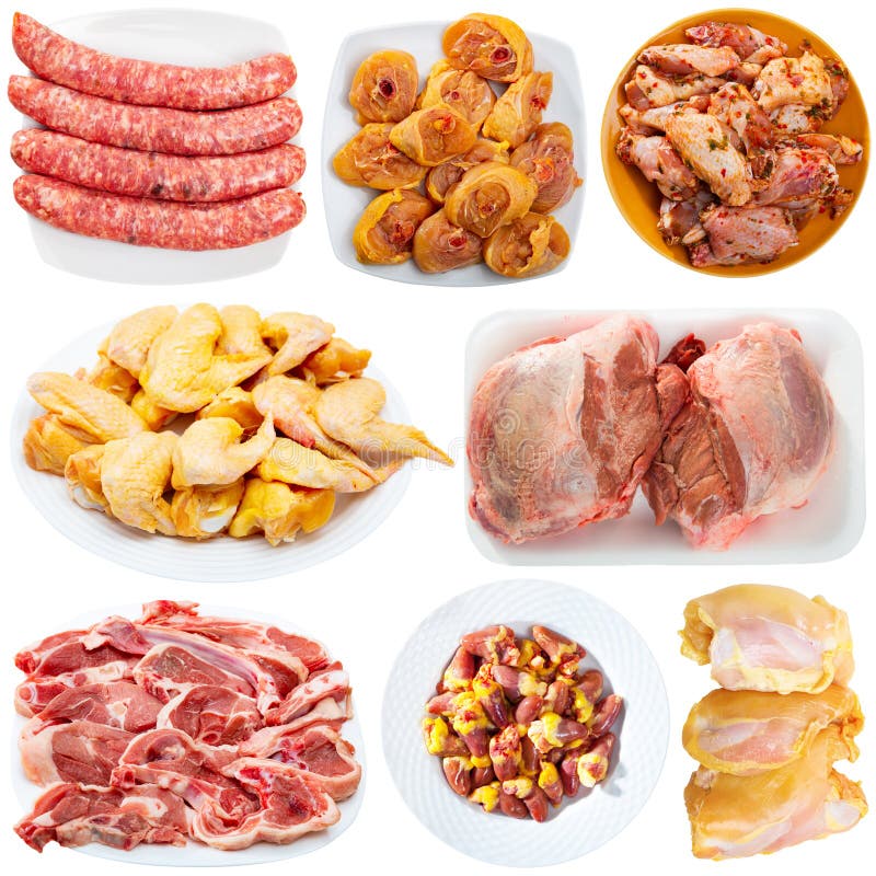 Various Raw Meat Products Isolated on White Background Stock Image ...