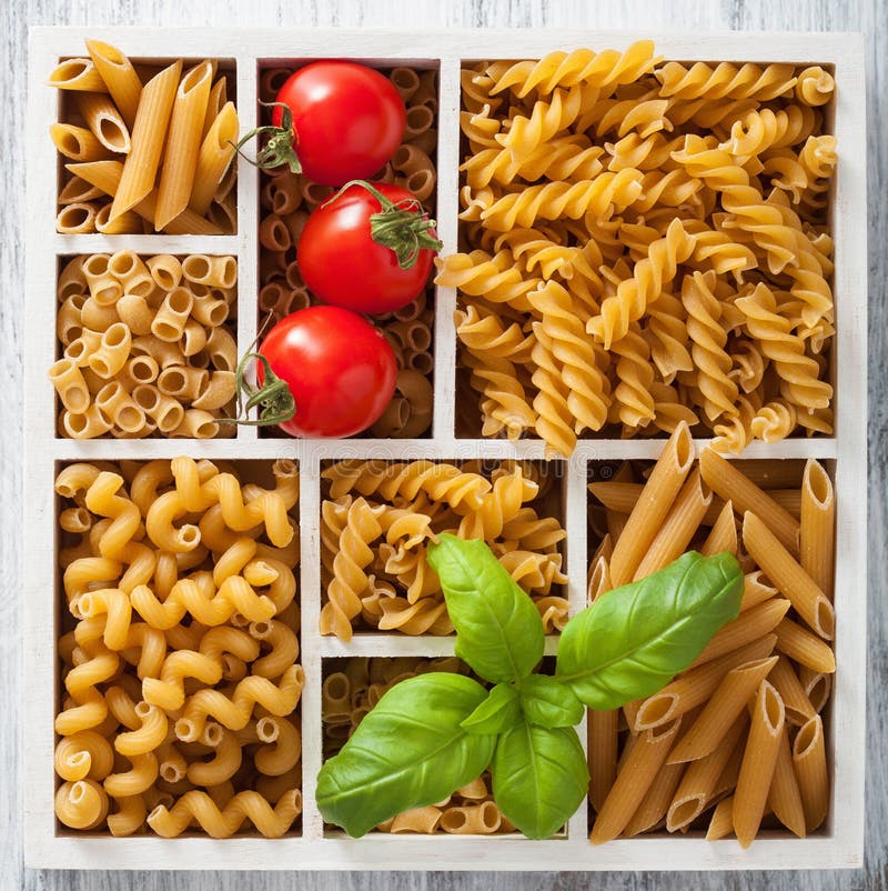 Various Raw Wholegrain Pasta in White Wooden Box Stock Photo - Image of ...
