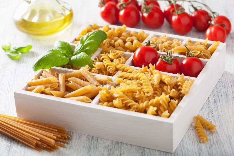 Various Raw Wholegrain Pasta in White Wooden Box Stock Image - Image of ...