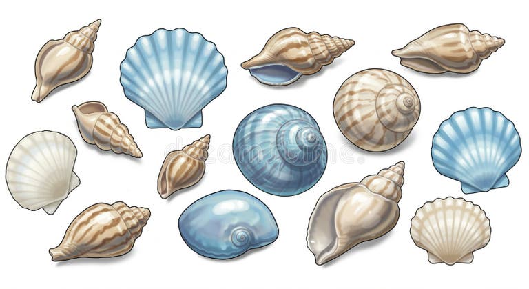 Various Realistic Shell Illustrations are Displayed, Showcasing ...