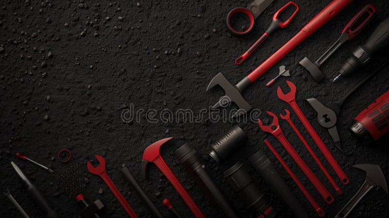 Various Red and Black Tools are Arranged on a Dark, Textured Surface ...