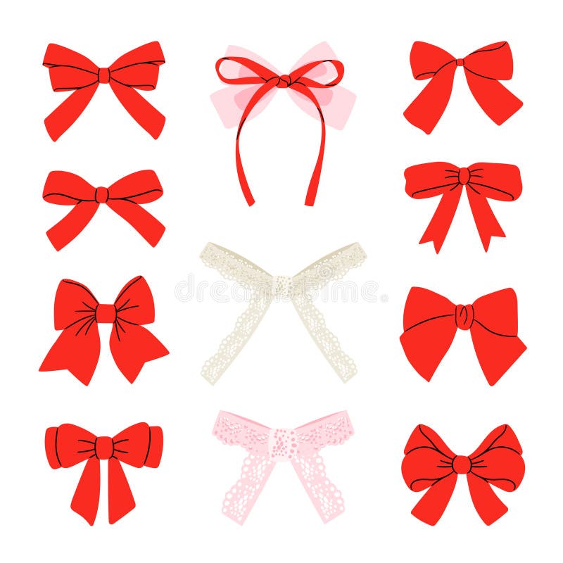 Various Red Bows, Vector Collection, Lace Decor Illustration on White ...