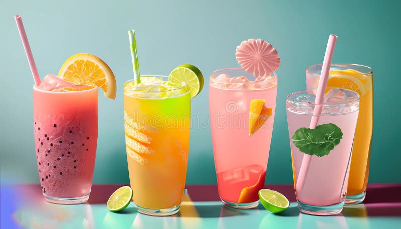 Various Refreshing Summer Drinks in Pastel Colors. Summer Time Stock ...