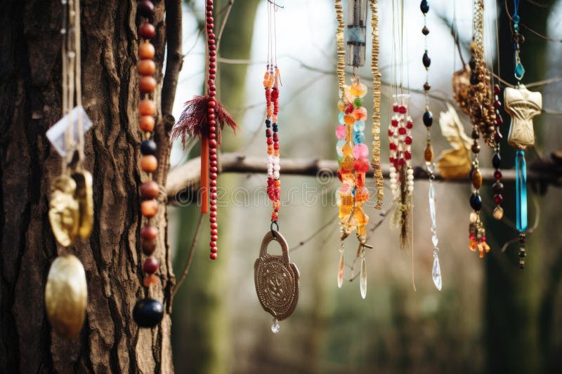 Various Religious Talismans Hanging from a Tree Branch Stock Image ...