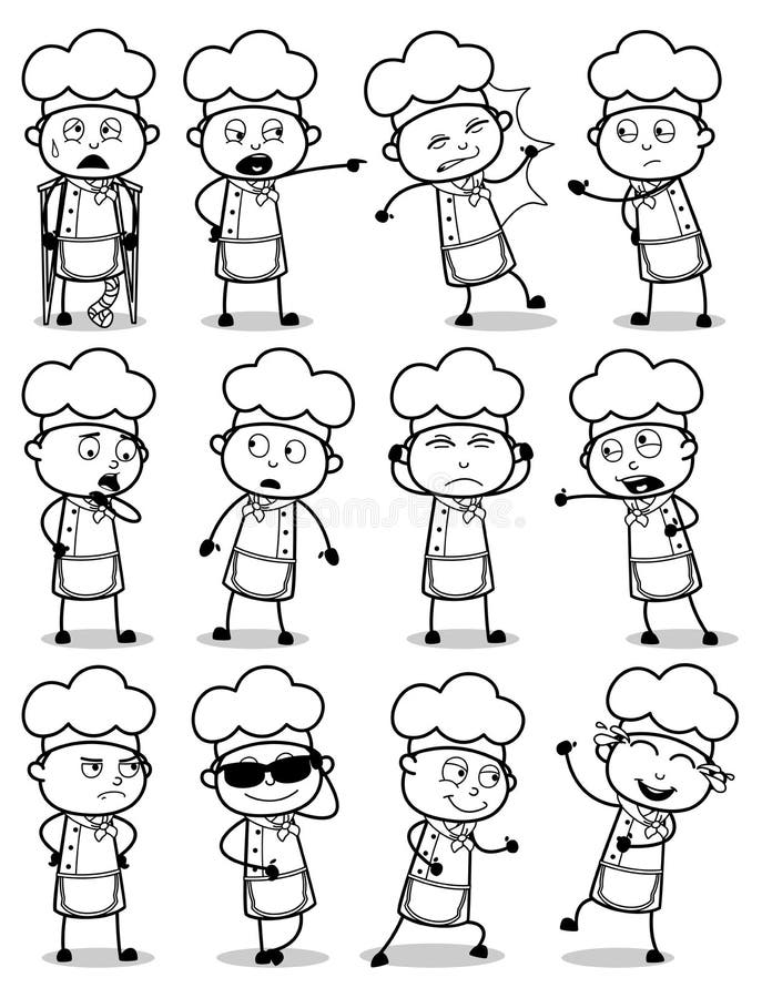 Various Retro Cartoon Chef Poses - Set of Concepts Vector Illustrations ...