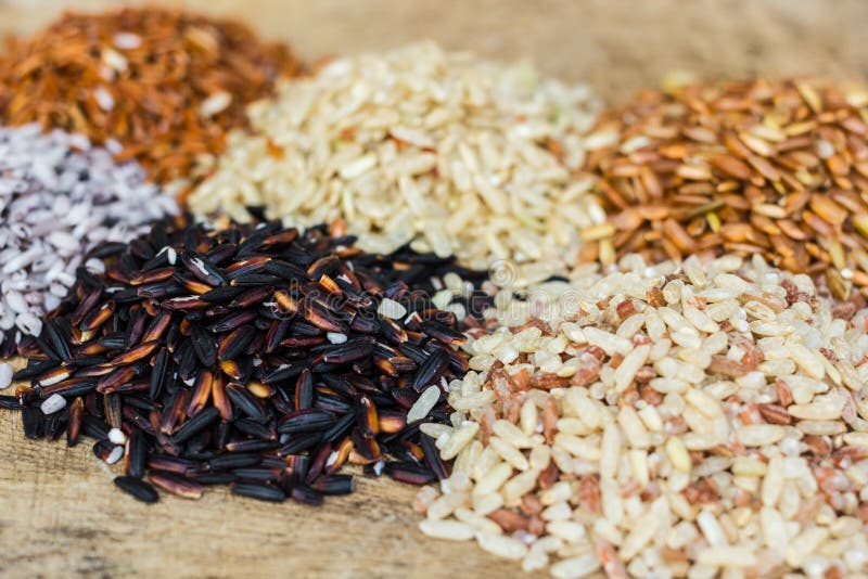Various Rice Types Each within an Individual Pile on Rustic Wood Stock ...