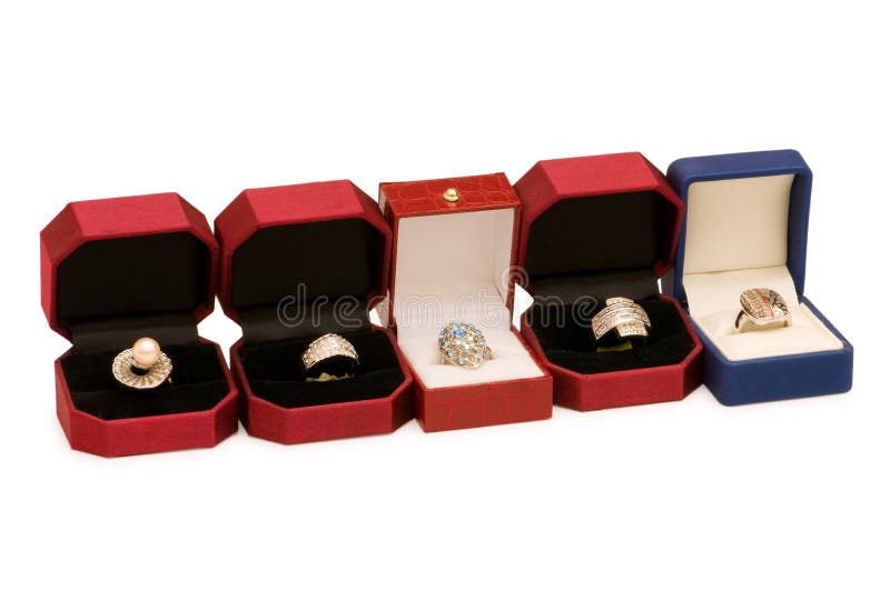 Various rings in boxes stock image. Image of brooch, gold - 7637873