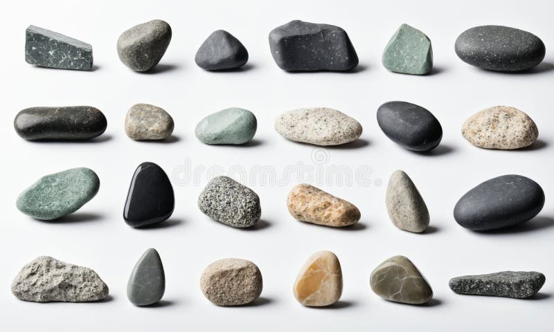 Assortment of Smooth River Rocks Arranged in Rows on White Background ...
