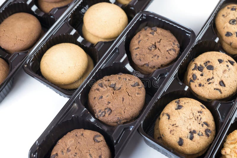 Various Round Cookies in an Open Box. Cookies in a Pack on White Stock ...