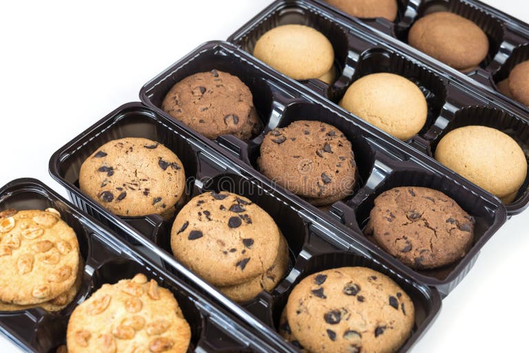 Various Round Cookies in an Open Box. Cookies in a Pack on White Stock ...