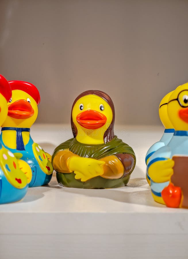 Various Rubber Ducks, Close-up Plastic Bath Ducks with Mona Lisa Look ...