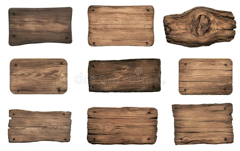 Various Rustic Wooden Signs in Different Shapes and Textures Displayed ...