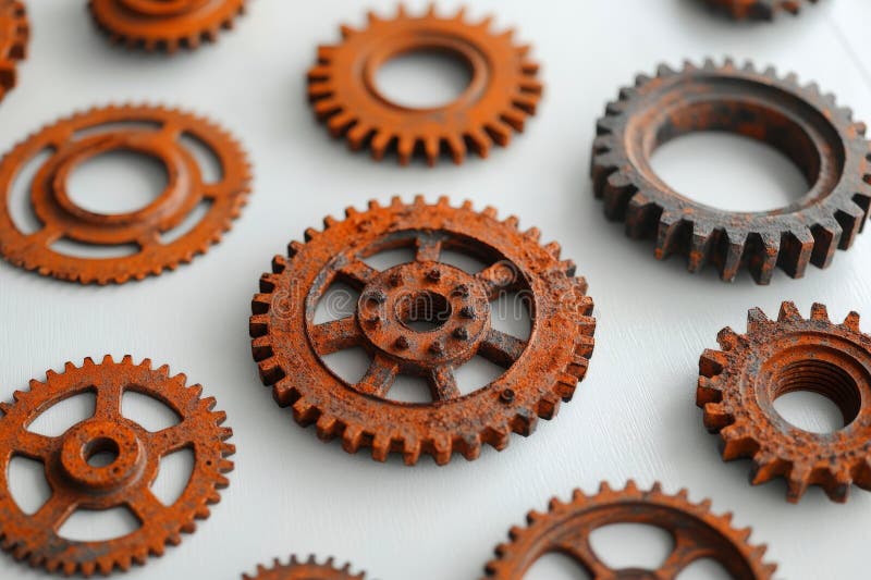 Various Rusty Gears Arranged on a Light Surface Showcasing Intricate ...