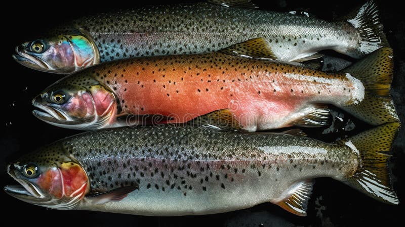 Various Salmon Fish on Rustic Table, AI Generative Flat Lay, Top View ...
