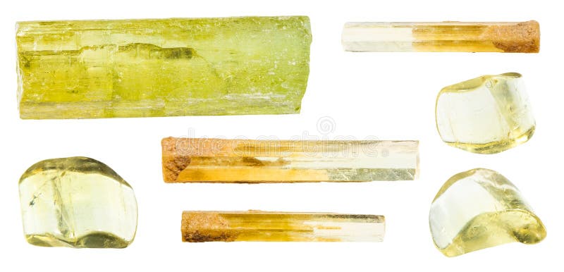 Various Samples of Raw Heliodor Minerals Isolated Stock Image - Image ...