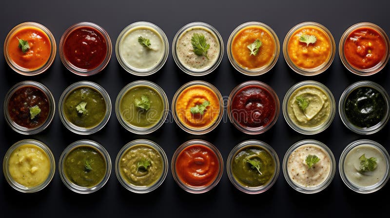 Various Sauces Presented in Separate Jars, a Top-down View of these ...