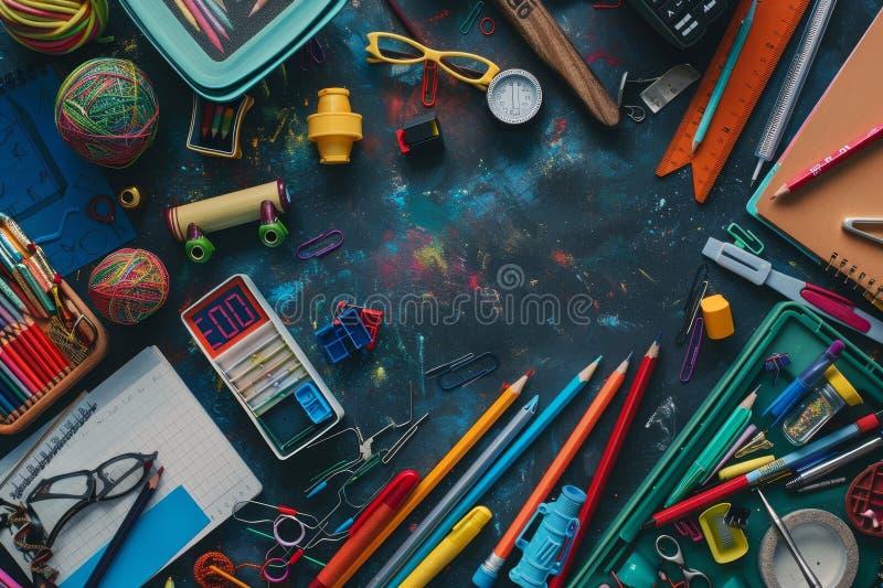 Various School Supplies Such As Pencils, Markers, Notebooks, and Rulers ...