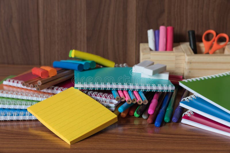 Various School Supplies on the Table Stock Image - Image of colourful ...