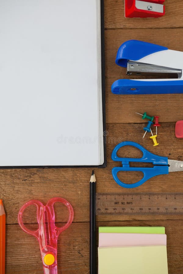 Various School Supplies on Wooden Table Editorial Stock Photo - Image ...