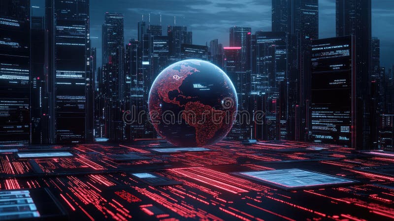 Various Screens Showcase Diverse Digital Content Surrounding a Globe ...