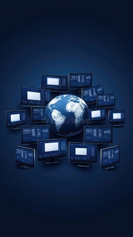Various Screens Showcase Diverse Digital Content Surrounding a Globe ...