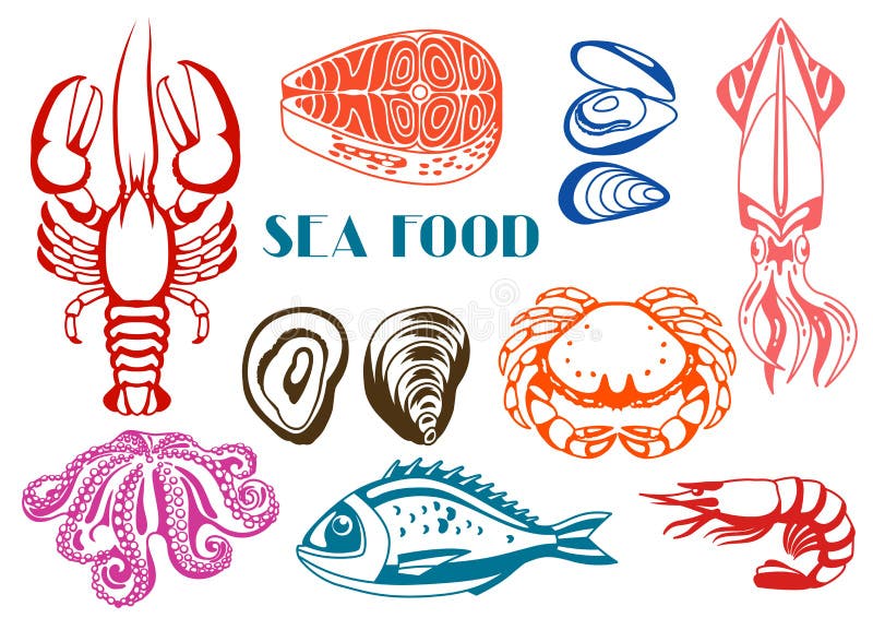 Various Seafood Set. Illustration of Fish, Shellfish and Crustaceans ...