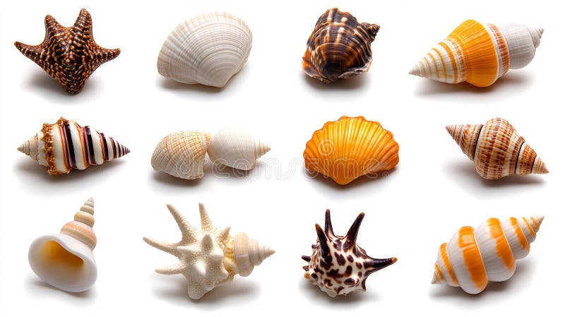 Various Seashells of Different Shapes and Colors on a White Background ...
