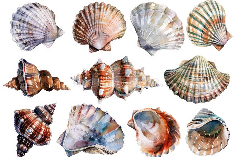 Various Seashells Neatly Arranged on a Clean White Surface. Perfect for ...