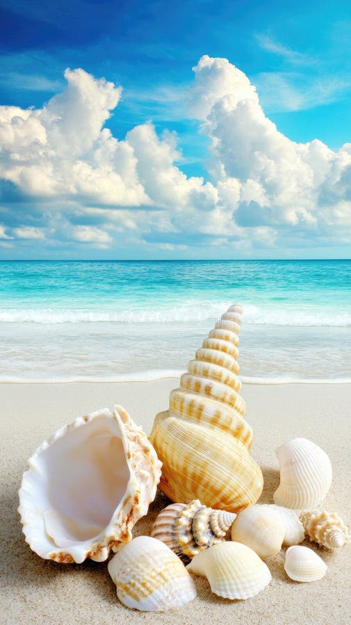 Various Seashells Rest on Golden Sand, Illuminated by Sunlight, with ...