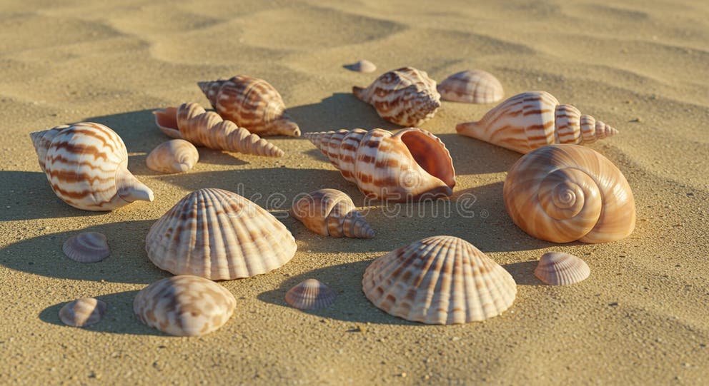 Various Seashells are Scattered on Sandy Beach. the Shells Vary in Size ...