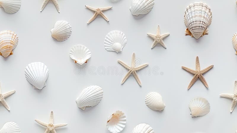 Various Seashells and Starfish Arranged in an Aerial View, Presented in ...