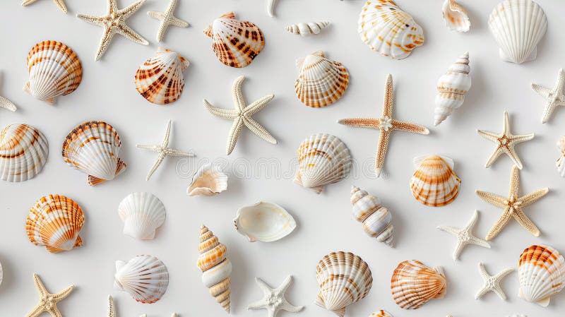Various Seashells and Starfish Arranged in an Aerial View, Presented in ...