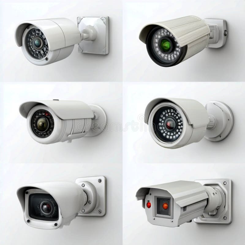 A Collection of Security Cameras Mounted on a White Wall Stock ...