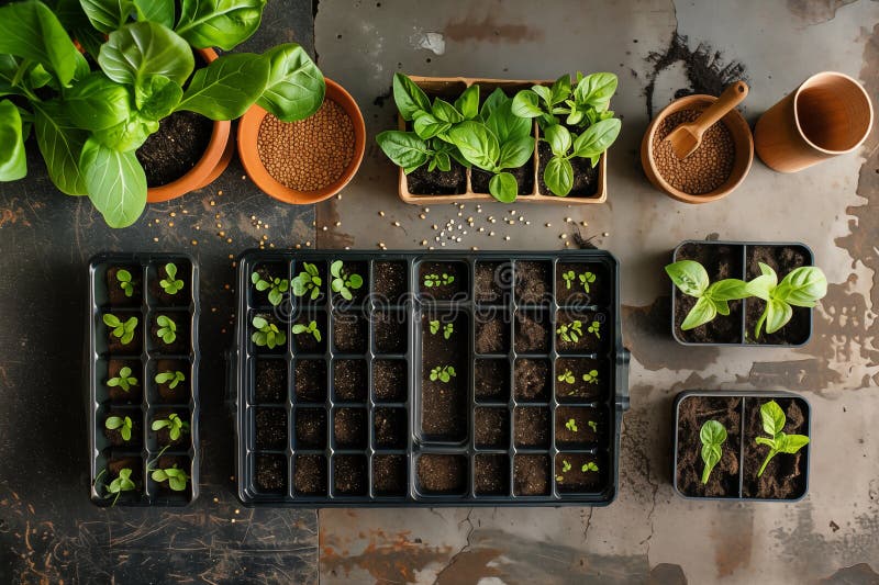 Various Seedlings and Potted Plants on Soil, Indoor Gardening Setup ...