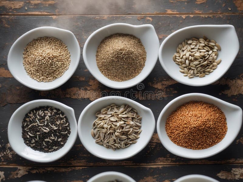 Various Seeds in Bowls in a Row on a Dark Rustic Background Top View ...