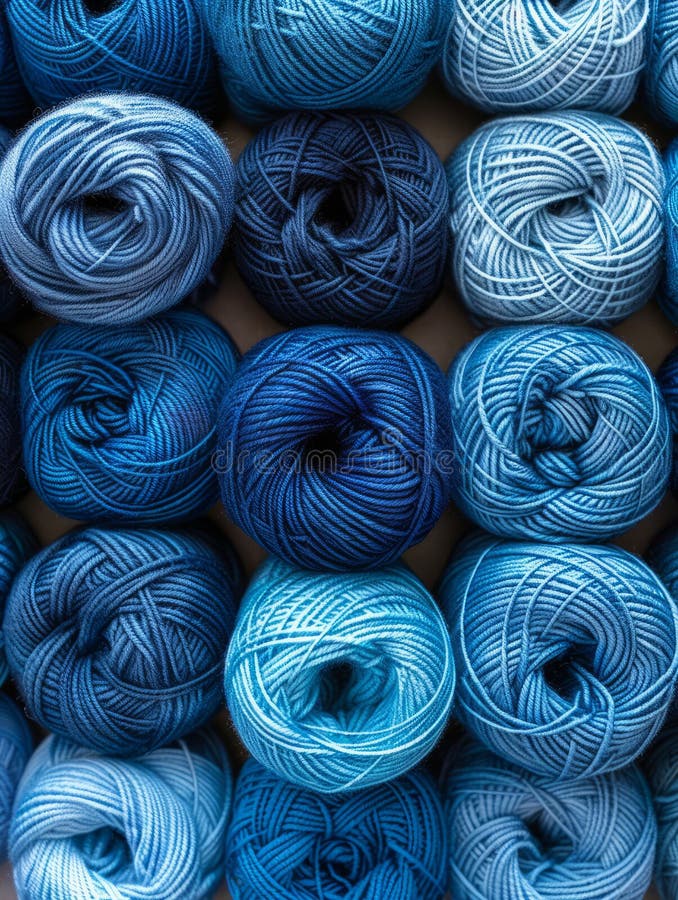 Various Shades of Blue Yarn Skeins Arranged in a Grid. Stock Image ...
