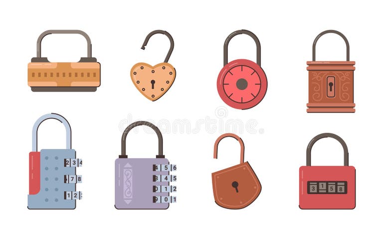 Various Shapes and Types of Padlock, Locks Set Stock Illustration ...