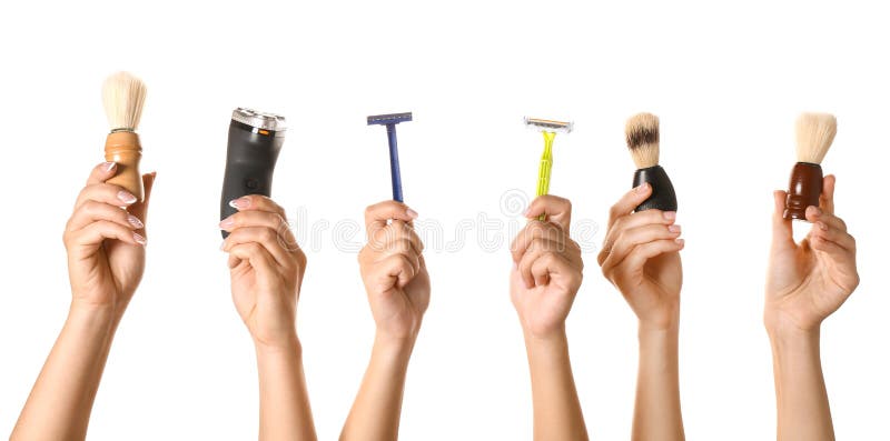 Hands with Different Tools for Shaving on White Background Stock Image ...