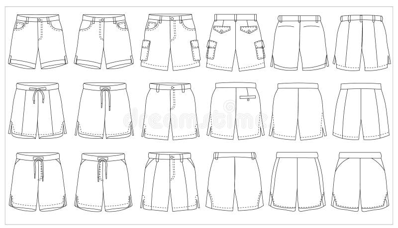 Various Shorts Styles Front and Back Outline Sketch Stock Vector ...