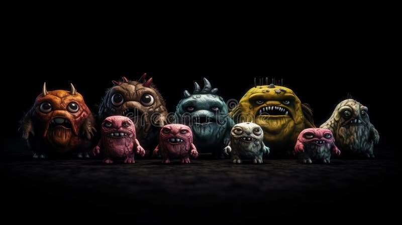 Various Sizes, Colors Scary Terrible Toy Monsters in a Row, Black ...