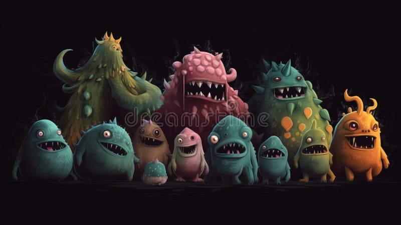 Various Sizes, Colors Scary Terrible Toy Monsters in a Row, Black ...