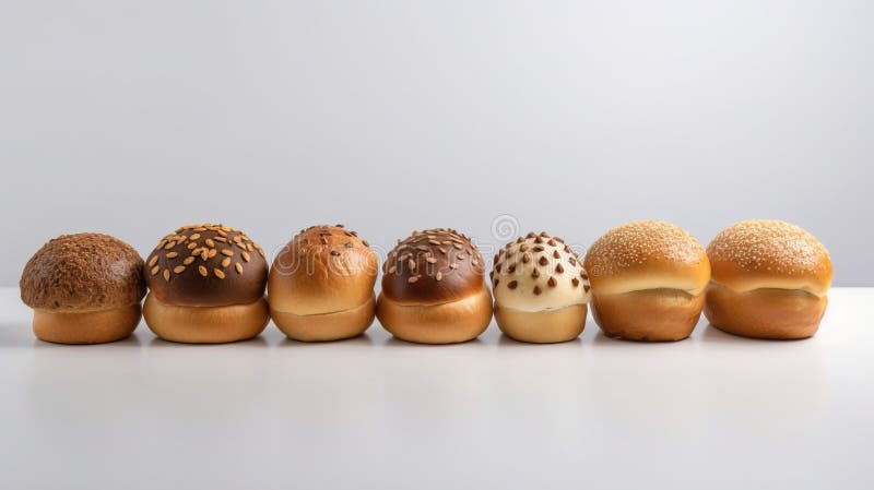 Various Small Fresh Buns with a Sprinkle of Seeds in a Row, White ...