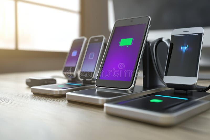 Multiple Smartphones Charging on Sleek Docking Stations in a Modern ...