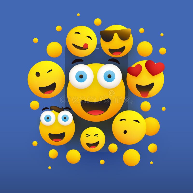 Various Smiling Happy Yellow Emoticons on Blue Background, Vector ...