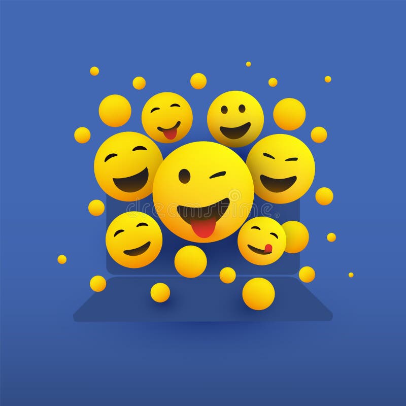 Various Smiling Happy Yellow Emoticons in Front of a Laptop Computer`s ...