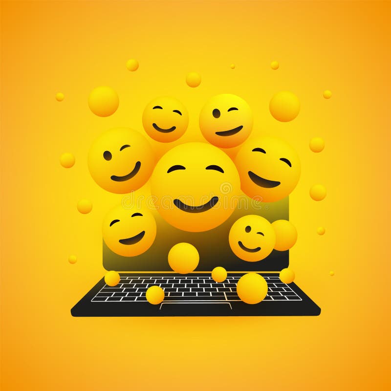 Various Smiling Happy Yellow Emoticons in Front of a Laptop Computer`s ...