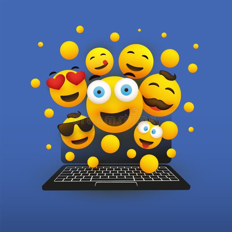 Various Smiling Happy Yellow Emoticons in Front of a Laptop Computer`s ...