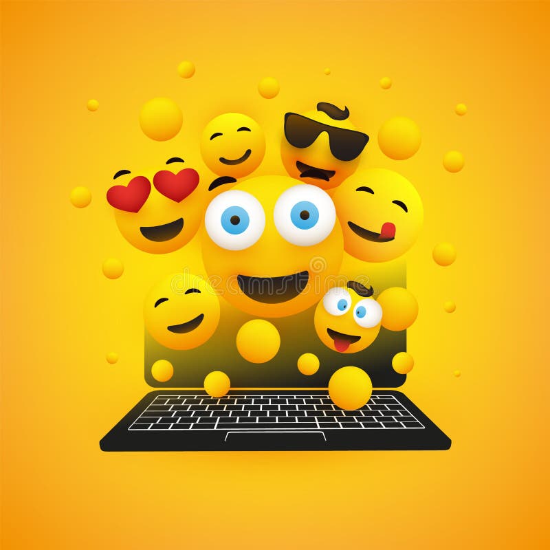 Various Smiling Happy Yellow Emoticons in Front of a Laptop Computers ...