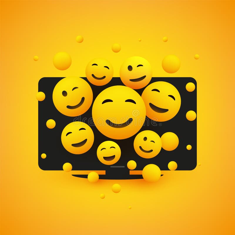 Various Smiling Happy Yellow Emoticons in Front of a Smart Television ...